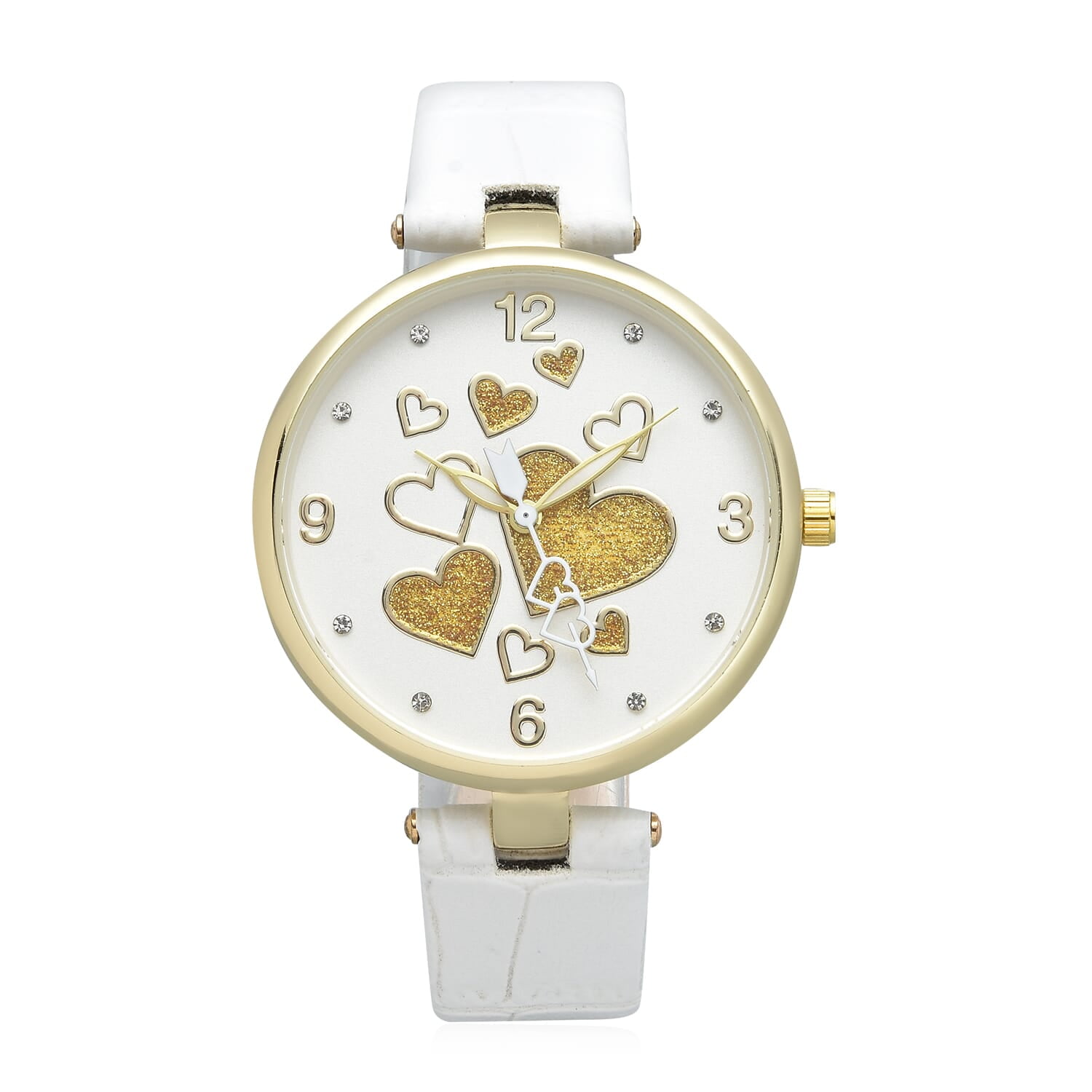 Strada Crystal Japanese Movement Water Watch in with White Faux Leather ...