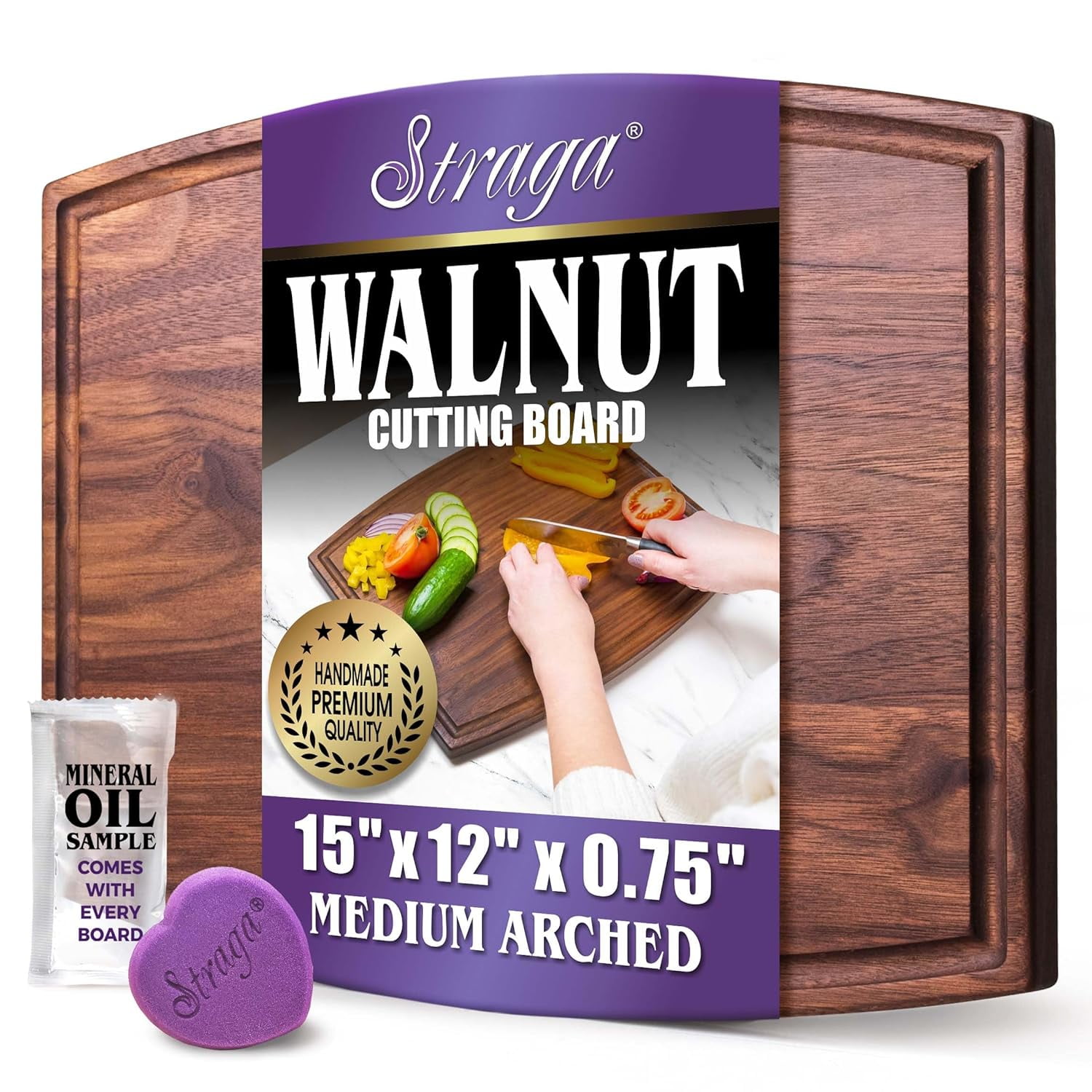 Straga Premium Walnut Hardwood Chopping Board, 15" x 12" x 0.75 ...