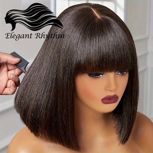 Straight Bob Glueless Wigs With Bangs Human Hair Ready to Wear Fake ...