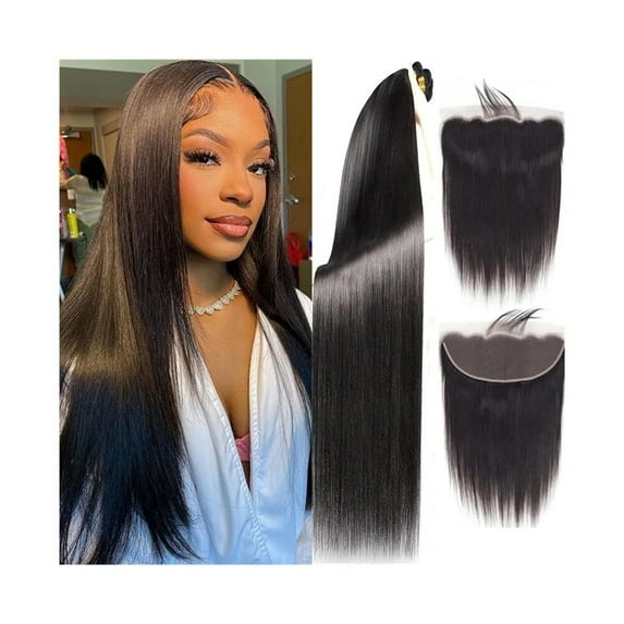 Straight Bundles with Frontal Brazilian Virgin Human Hair Weave 3 ...