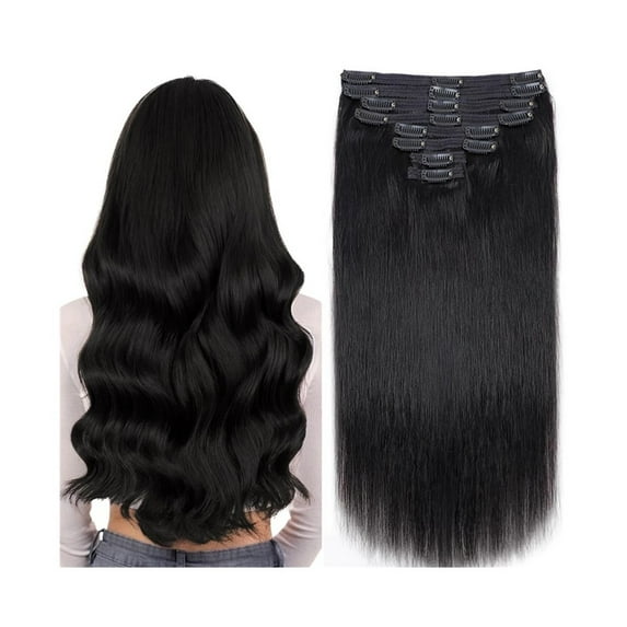 Straight Clip in Hair Extensions 8pcs #1B Double Weft Clip in Human ...