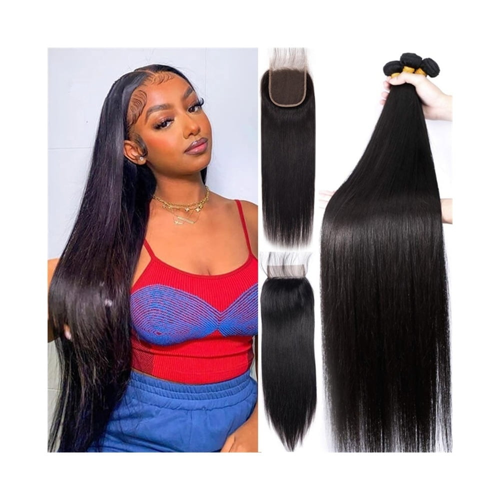 Straight Hair Weave Bundles with Closure 8-30Inch Natural Black ...