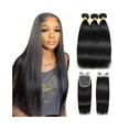 Straight Human Hair Bundles with Closure Double Weft Brazilian Virgin ...
