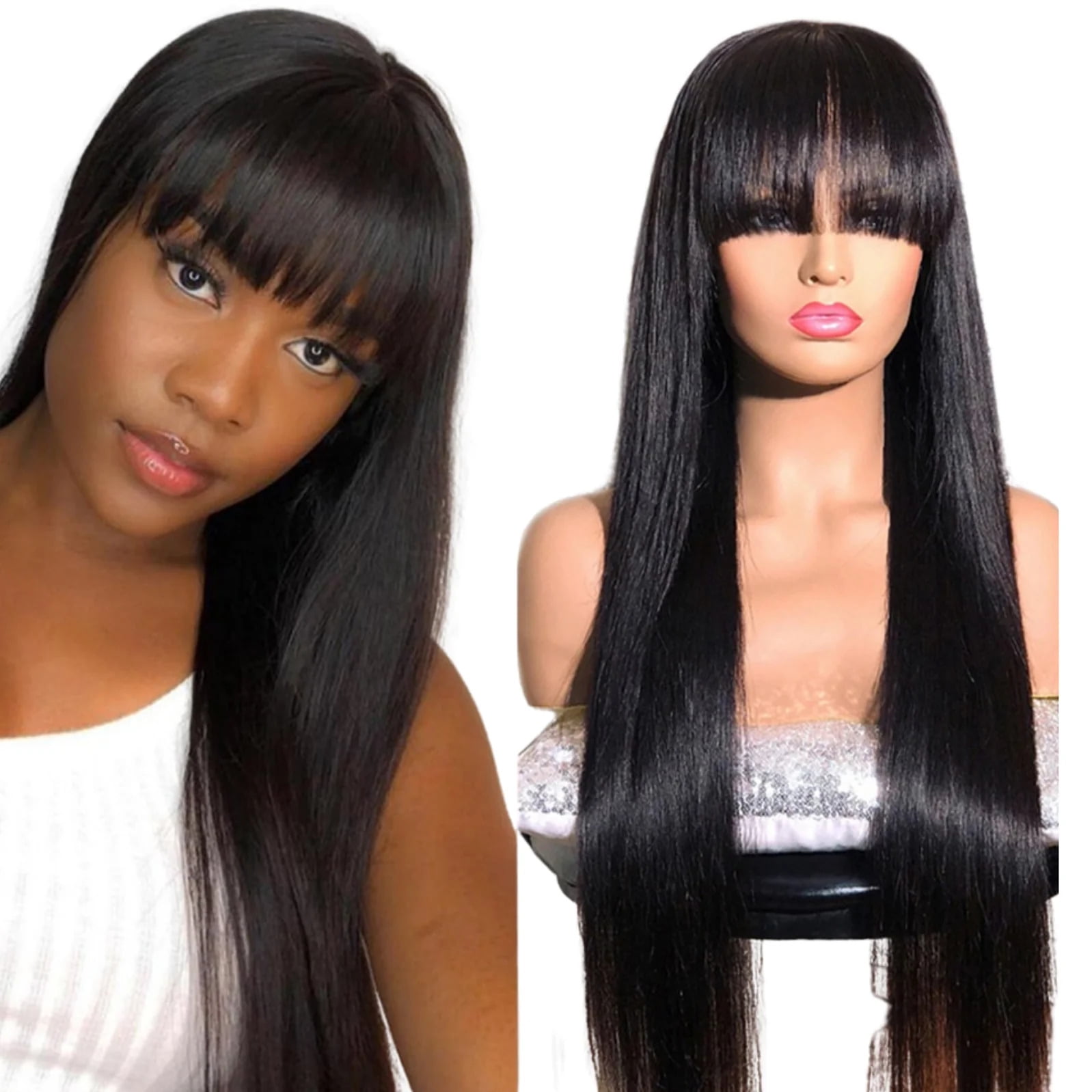 Straight Human Hair Wigs With Bangs - Walmart.com