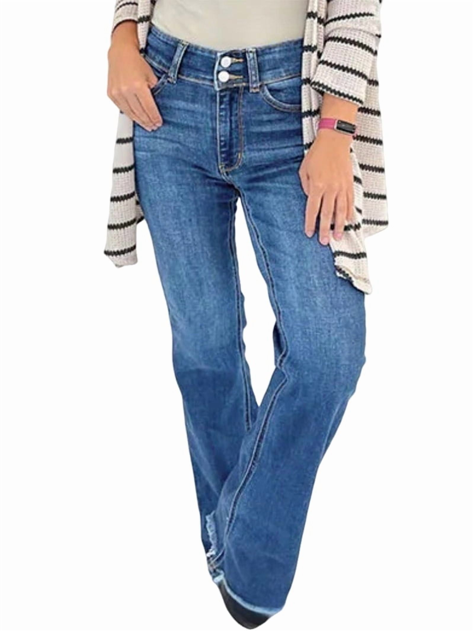 Straight Leg Jeans for Women High Waisted Stretchy Frayed Raw Hem Loose ...