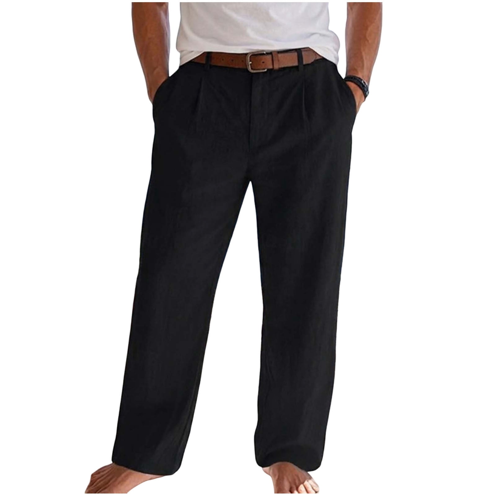 Straight Leg Pants for Men Solid Color Button Bandage Elastic Waist ...
