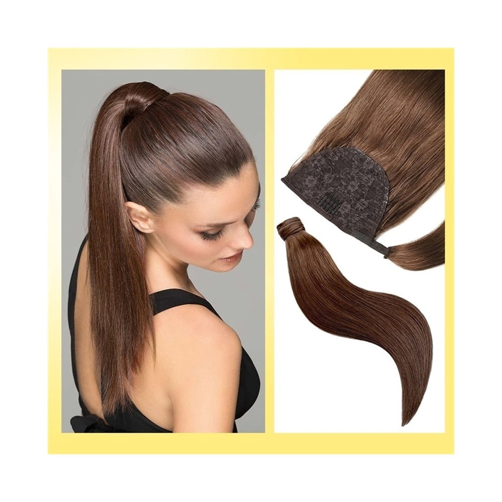 Straight Ponytail Extension Remy Human Hair Wrap Around Magic Paste ...