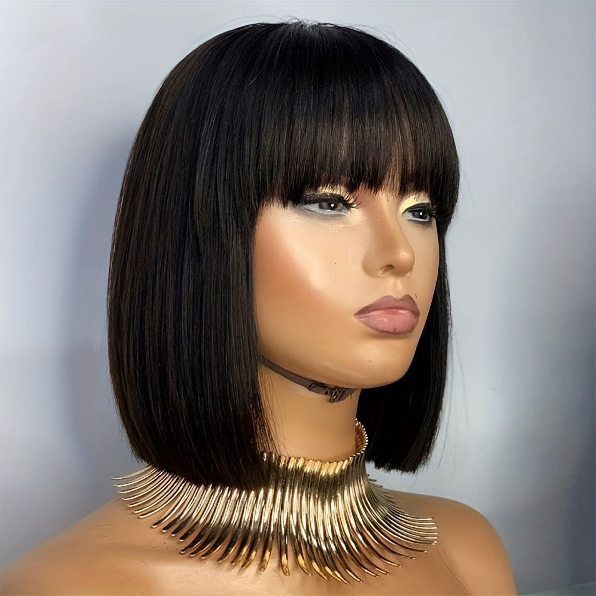 Straight Short Bob Human Hair Wigs With Bangs Brazilian Remy Hair Black ...
