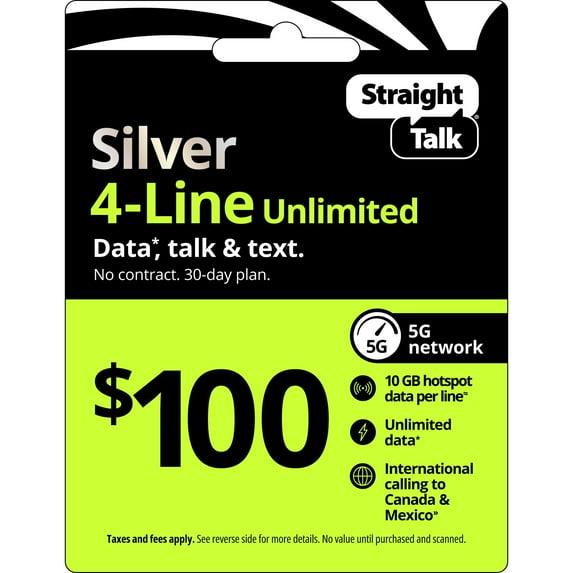 Straight Talk $100 Silver 4-Line Unlimited 30-Day Prepaid Plan + 10 GB ...
