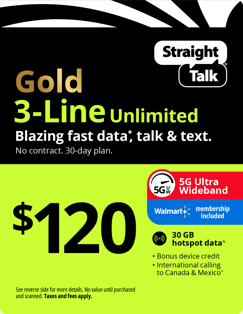 Straight Talk $120 Gold 3-Line Unlimited 30-Day Prepaid Plan, 30 GB ...