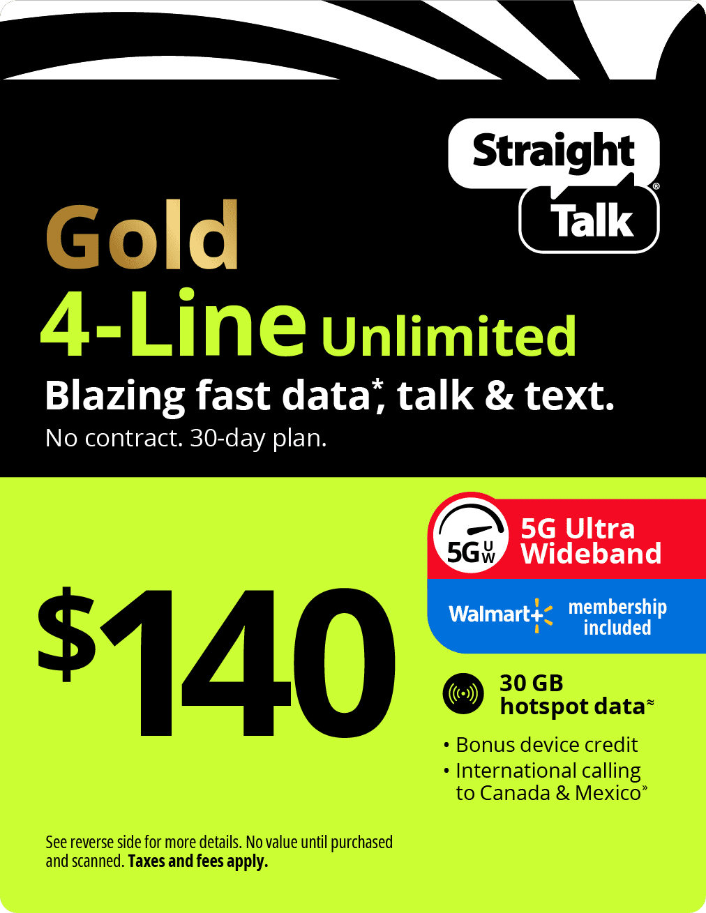 Straight Talk $140 Gold 4-Line Unlimited 30-Day Prepaid Plan, 30 GB ...