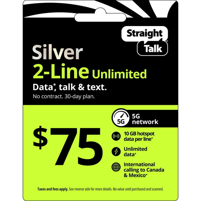 Straight Talk $75 Silver 2-Line Unlimited 30-Day Prepaid Plan + 10 GB ...