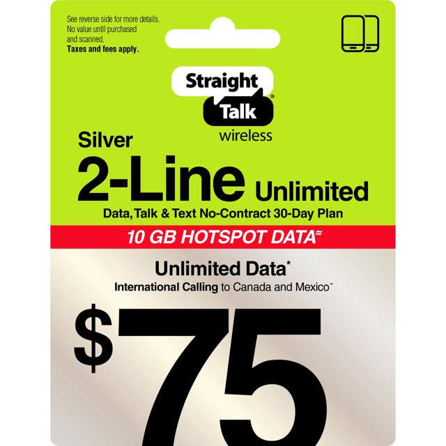 Straight Talk $75 Silver 2-Line Unlimited 30-Day Prepaid Plan + 10 GB ...