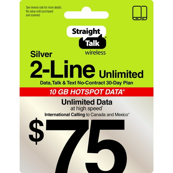 Straight Talk $75 Silver 2-Line Unlimited 30-Day Prepaid Plan + 10 GB ...