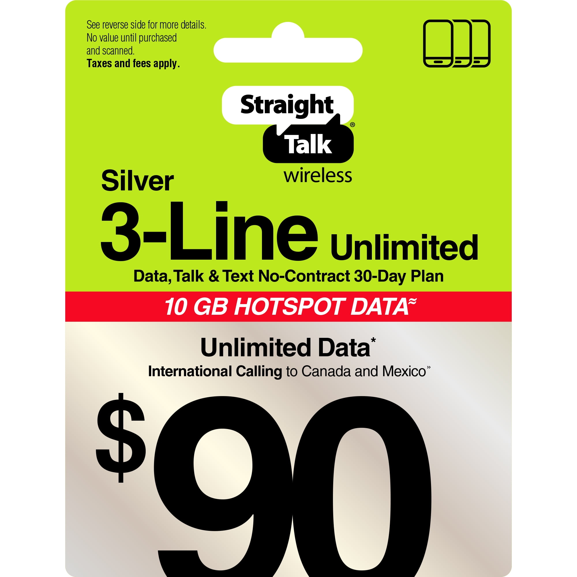 Straight Talk $90 Silver 3-Line Unlimited 30-Day Prepaid Plan + 10 GB ...