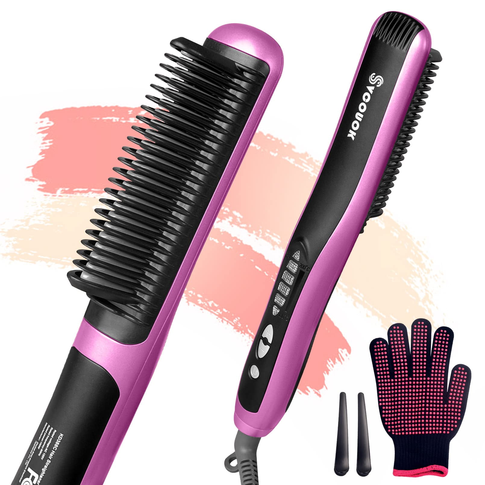 Straightening Comb - 2-in-1 Ceramic Hot Brush Straightener with Auto-Off & Anti-Scald, Fast ...