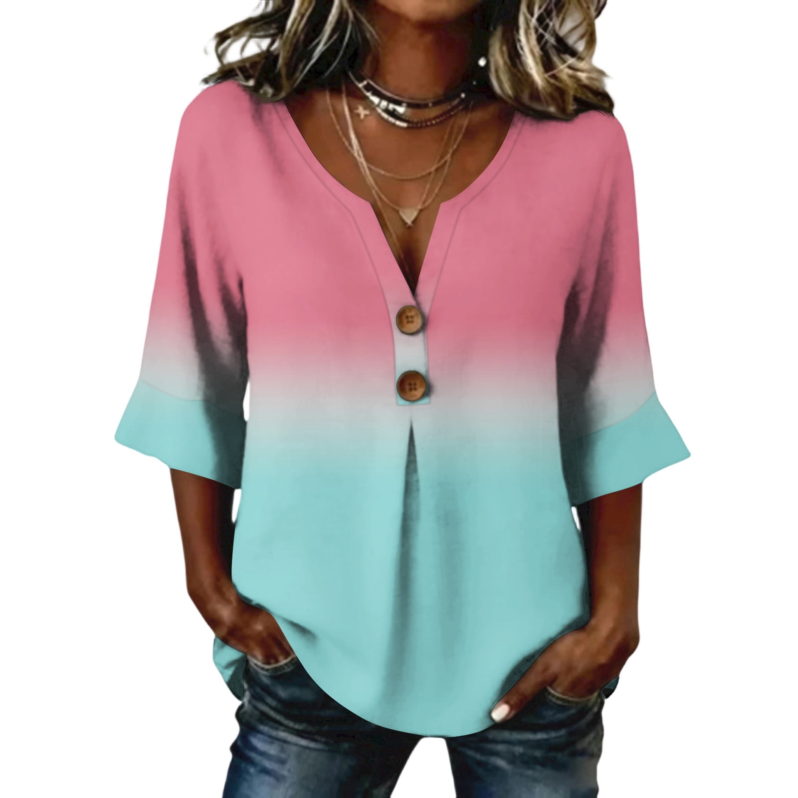 Stralyhd 3/4 Sleeve Tops for Women 2026 Summer Loose V Neck Henley ...