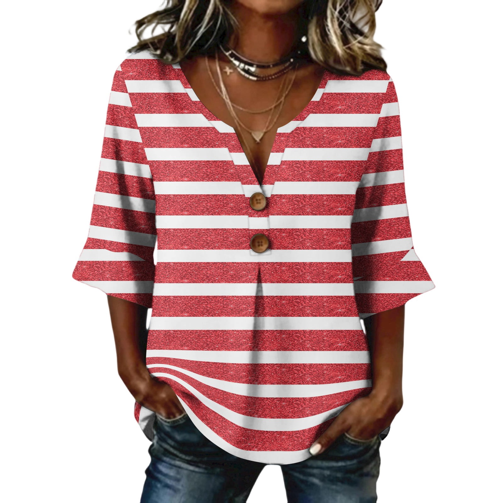 Stralyhd 3/4 Sleeve Tops for Women Summer Loose Fit V Neck Henley ...