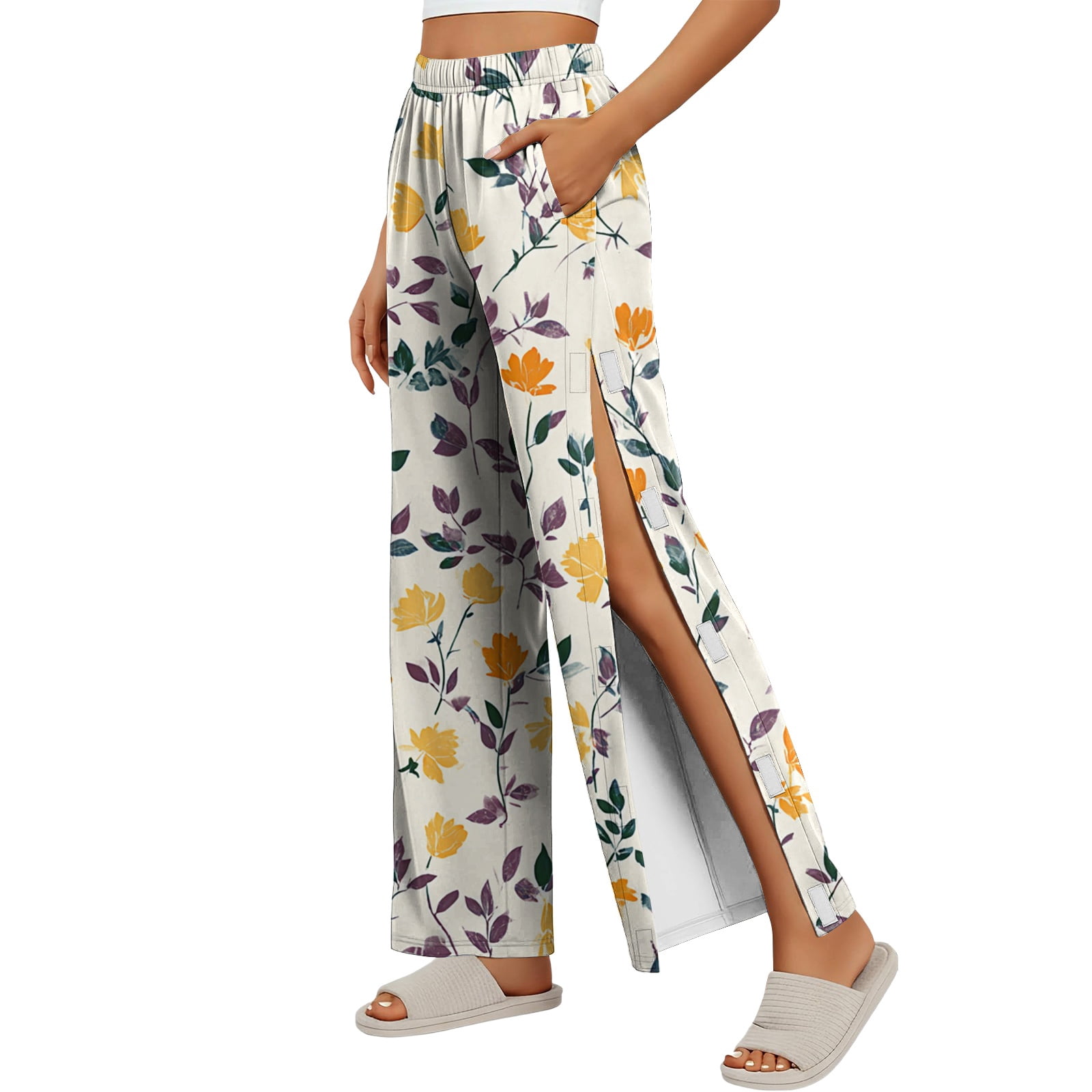 Stralyhd Floral Post Surgery Women's Pants Tear Away Side Pants Easy To ...
