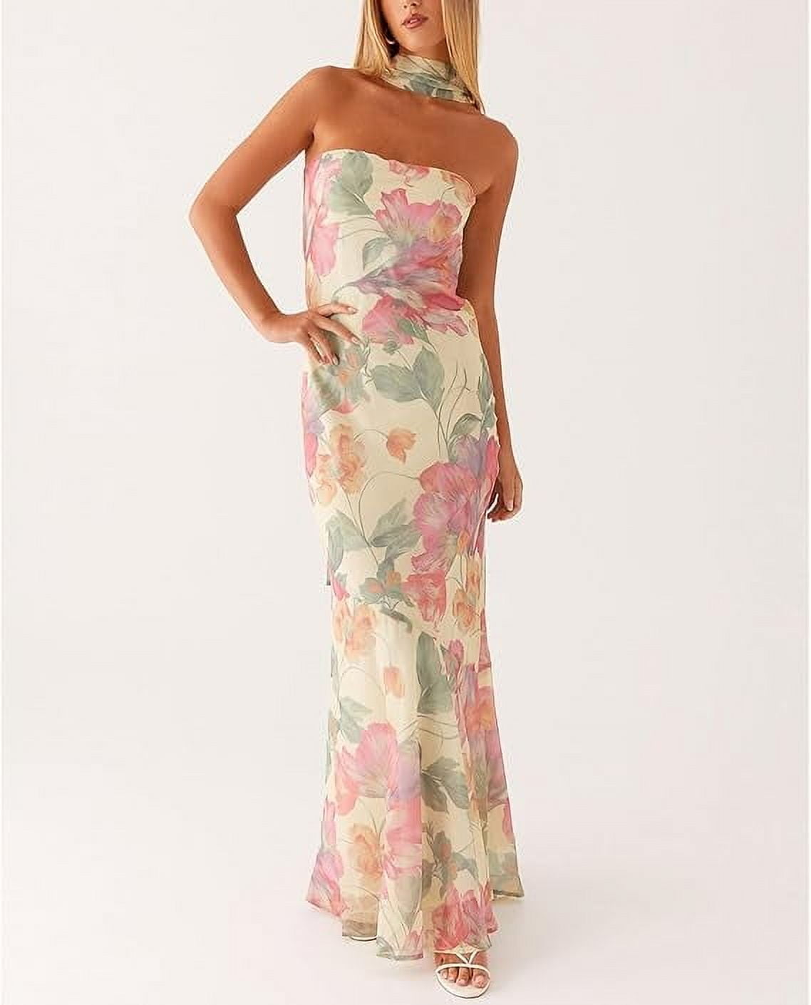 Stralyhd Floral Strapless Maxi Dress with Neck Scarf Sexy Backless ...