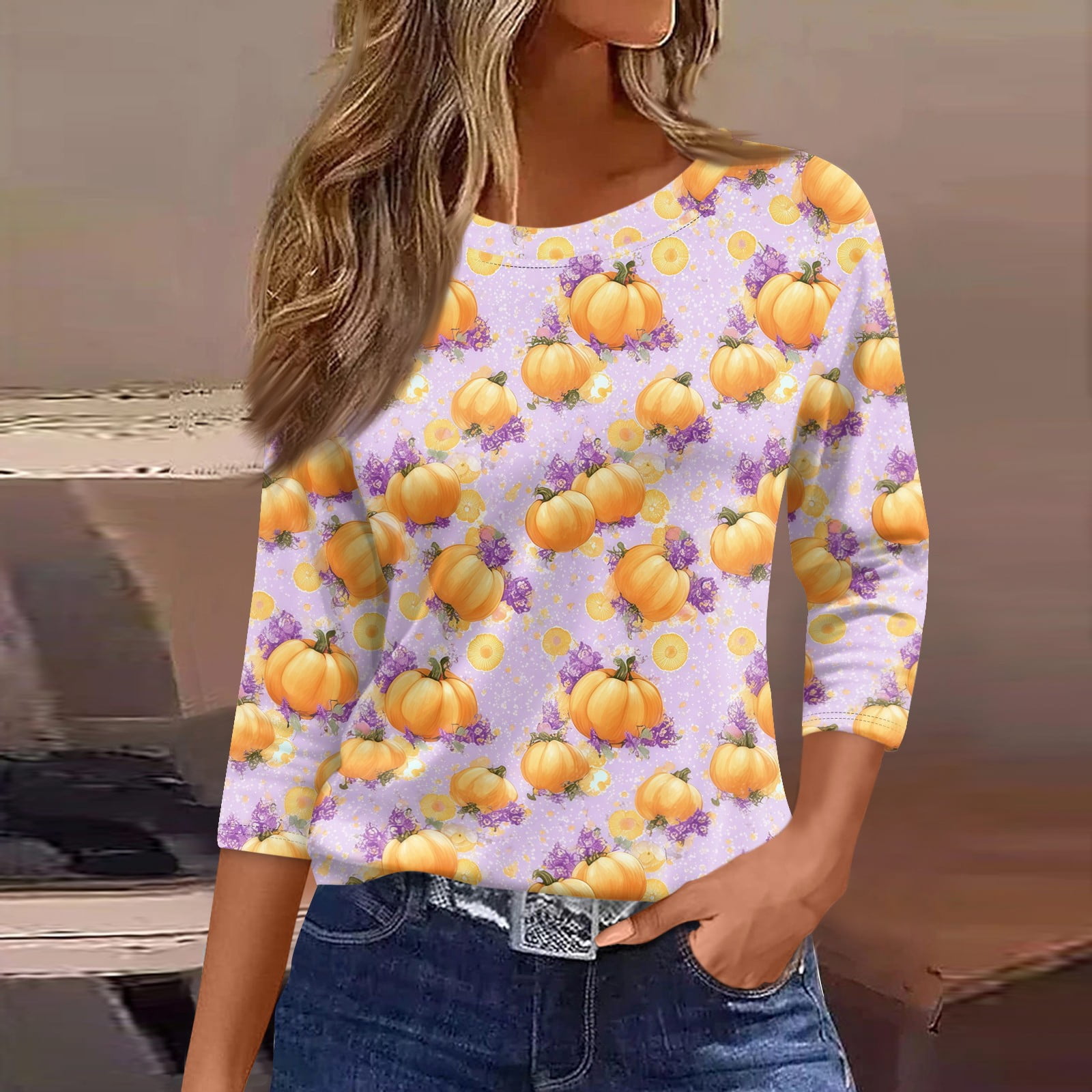 Stralyhd Spooky Pumpkin 3/4 Sleeve Tops for Women Halloween Party T ...