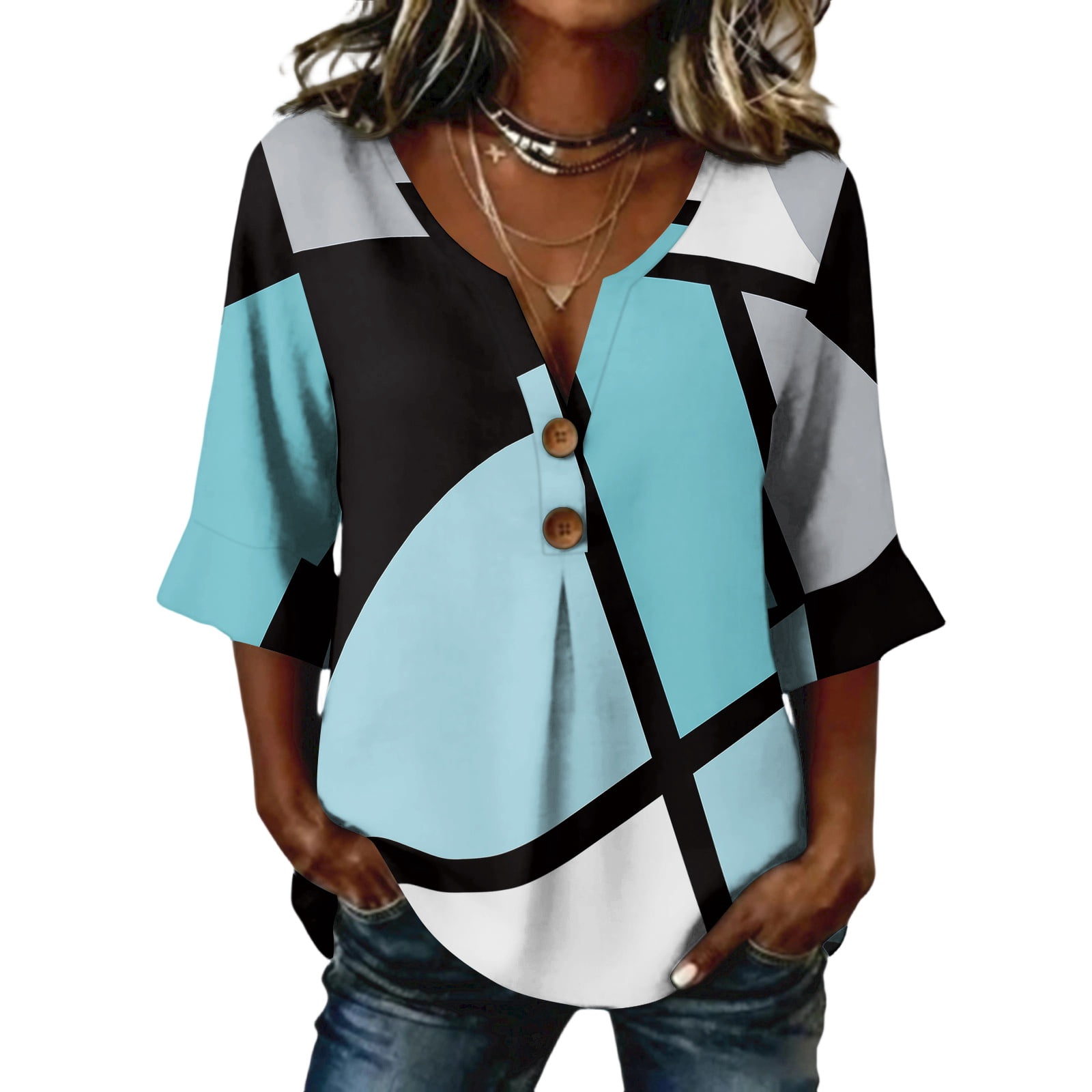 Stralyhd Summer Tops for Women Loose Casual 3/4 Sleeve Blouses V Neck ...