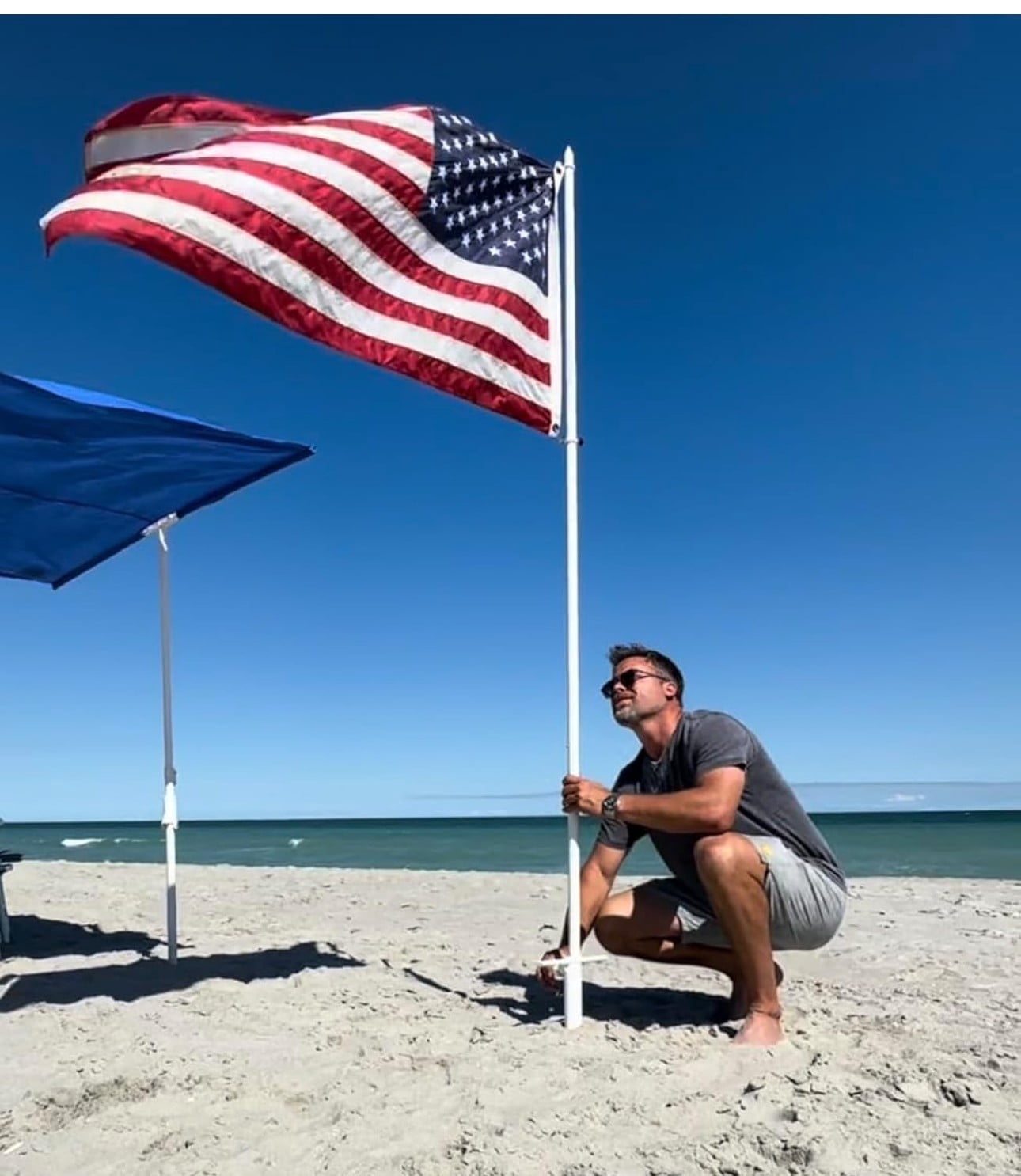 Strand Umbrella 9ft Adjustable White Coated Beach Flag Pole Holder ...