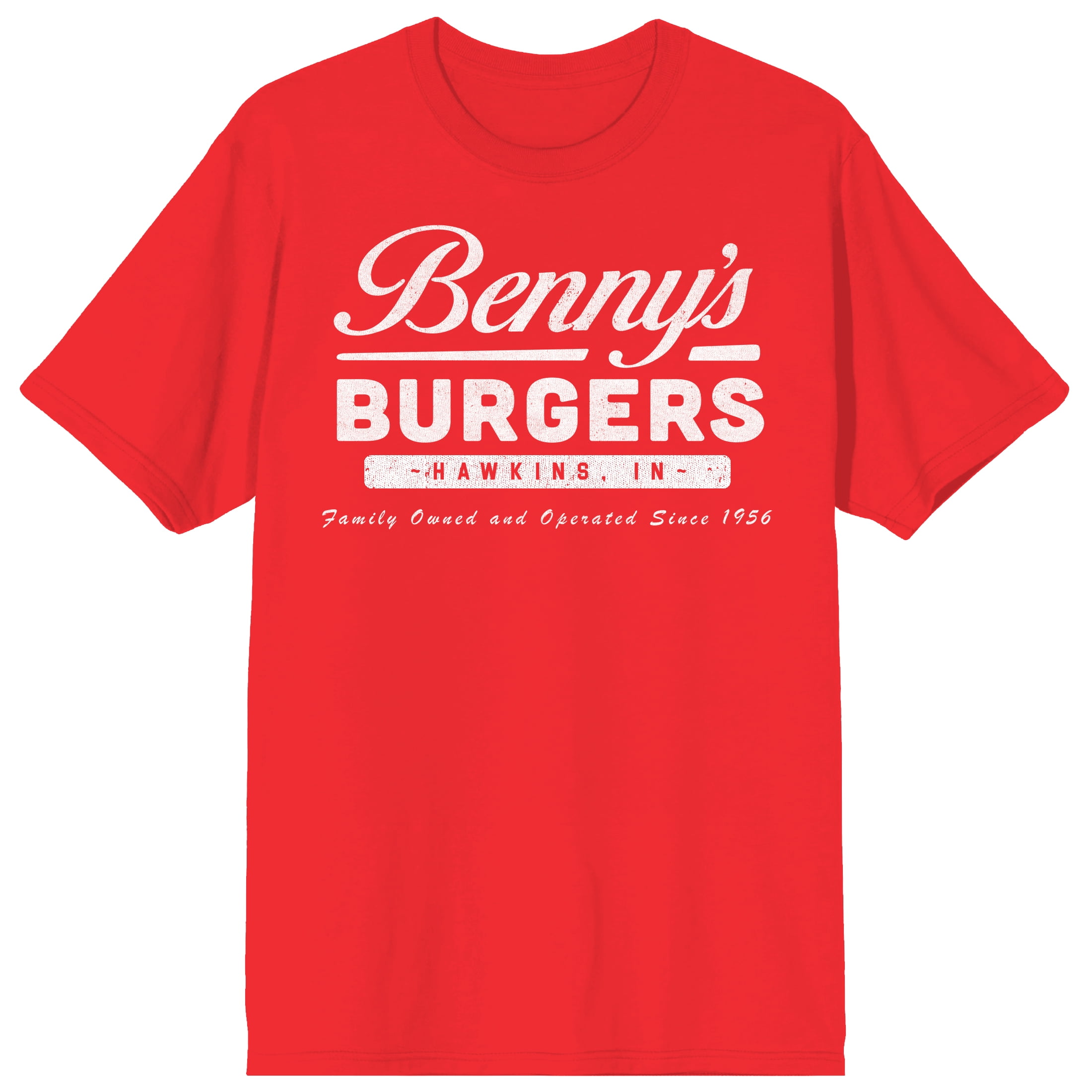 Stranger Things Benny's Burgers Logo Adult Red Crew Neck Short Sleeve T ...