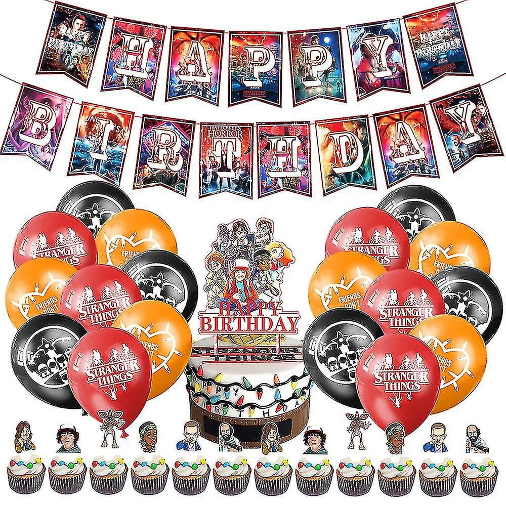 Stranger Things Cartoon Theme Banner Balloons Cake Topper Set Party ...