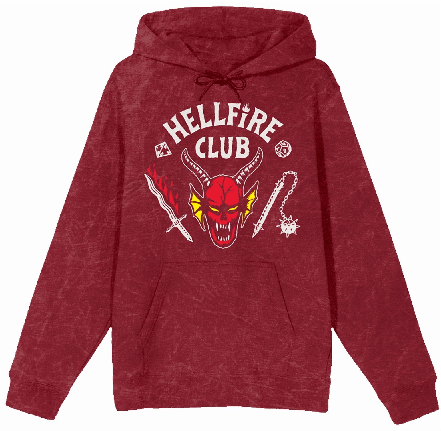 Stranger Things Hellfire Club Men's Red Mineral Wash Long Sleeve Hooded ...