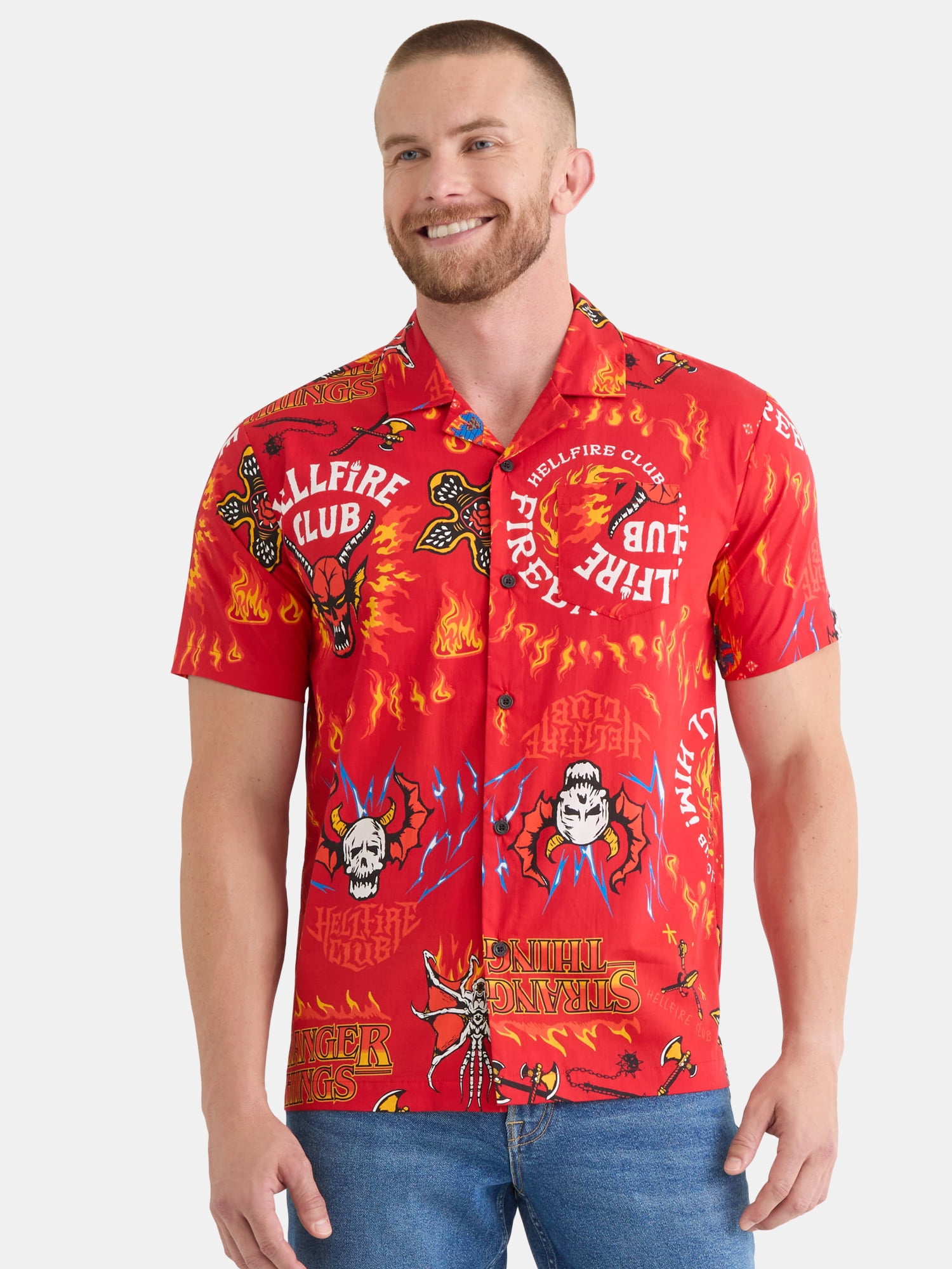 Stranger Things Men's and Big Men's Hellfire Club Print Button-Up ...
