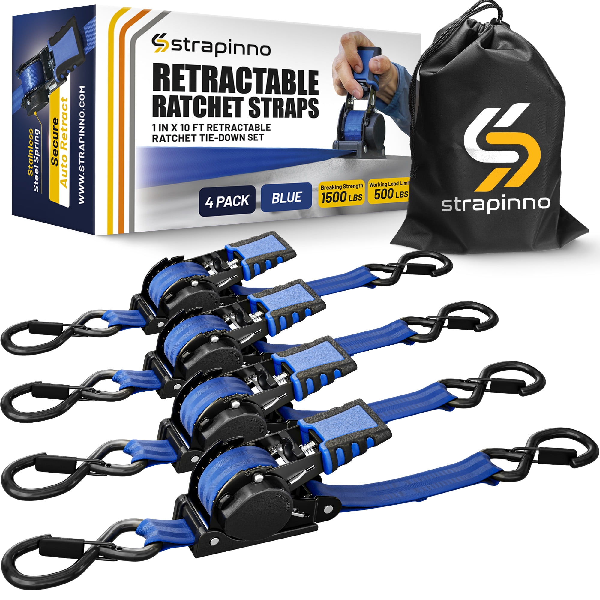 Strapinno Retractable Ratchet Straps 1 in x10ft, with Rubber-Coated ...