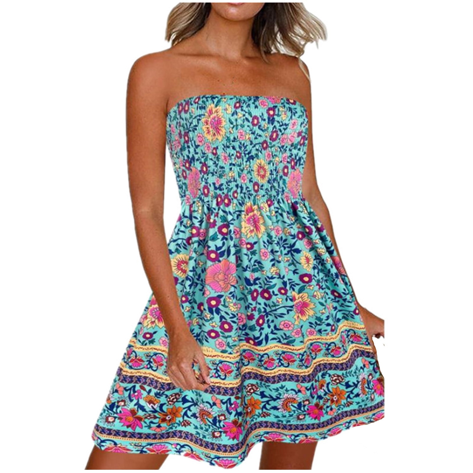 Strapless Mini Dress for Women Summer Beach Cover Ups Boho Floral Print ...