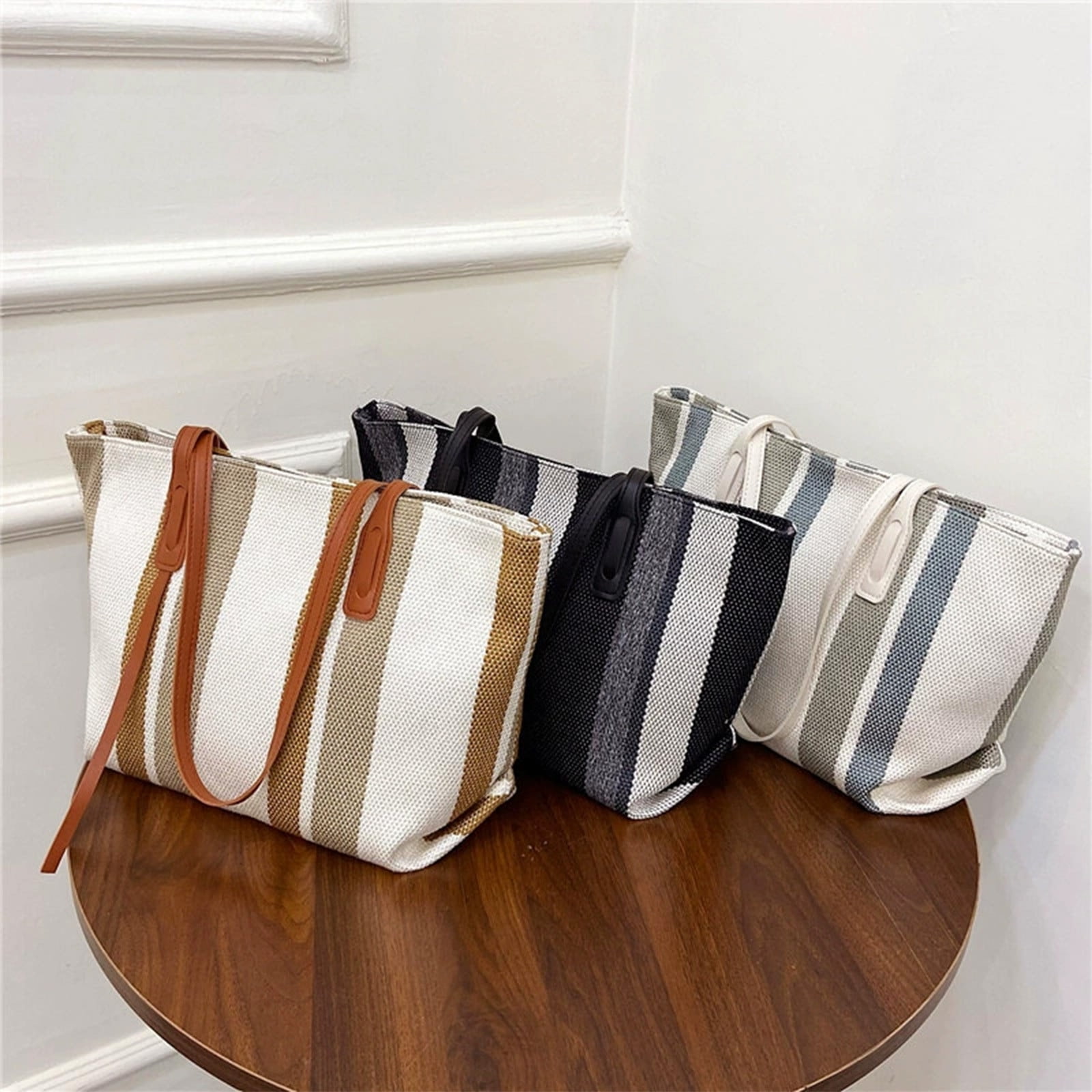 Strappy Shoulder Tote Casual Fashion Vertical Stripe Handbag Durable ...