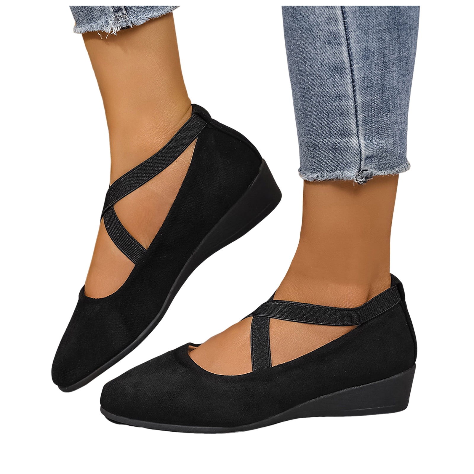 Strappy Wedges Ballet Flats for Women Fall Suede Pointed Toe Mid Heels ...