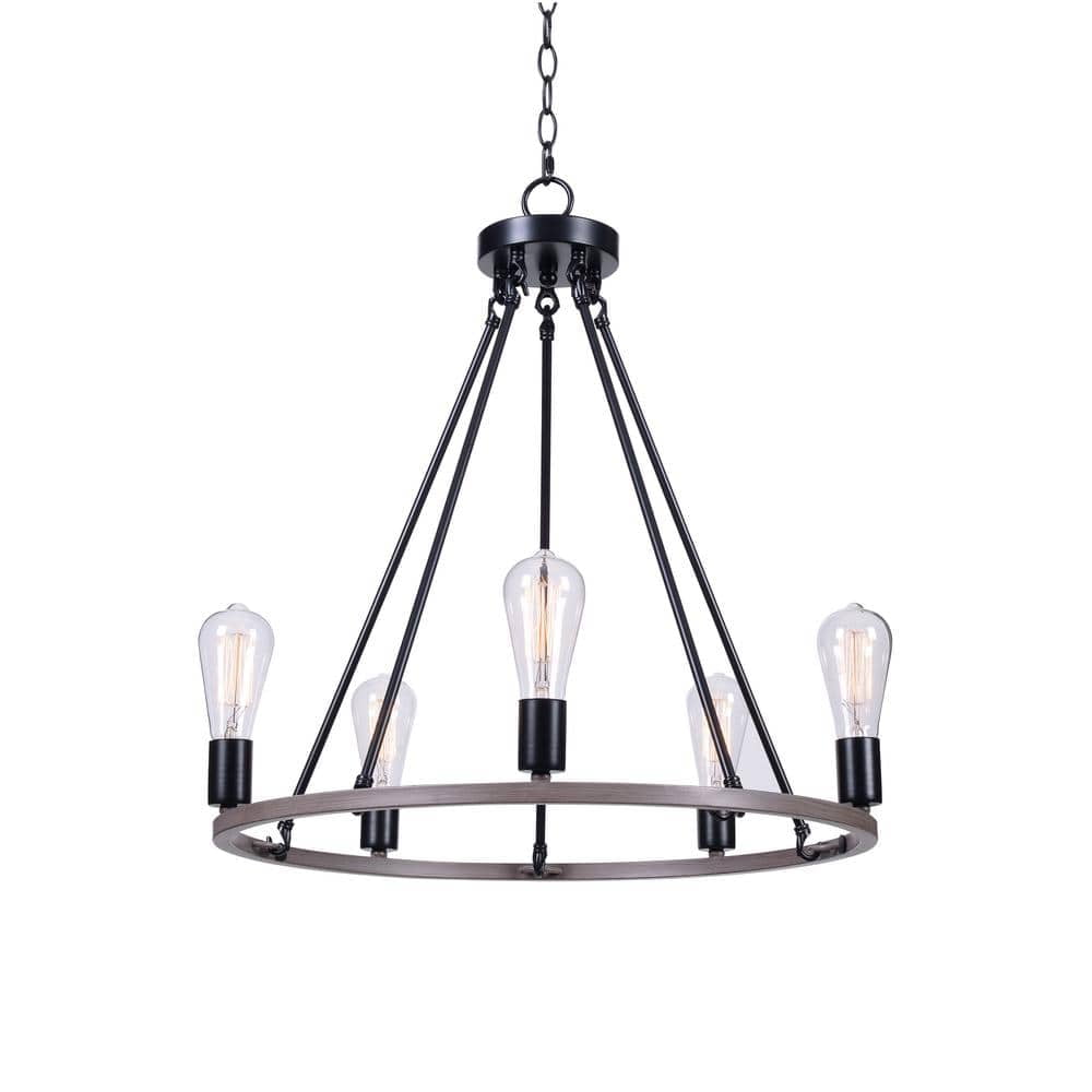 Stratton 5-Light Black and Woodgrain Wagon Wheel, Industrial Farmhouse ...