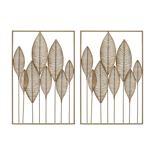 Stratton Home Decor Set of 2 Metal Wall Panel with Leaf Motif in Gold ...