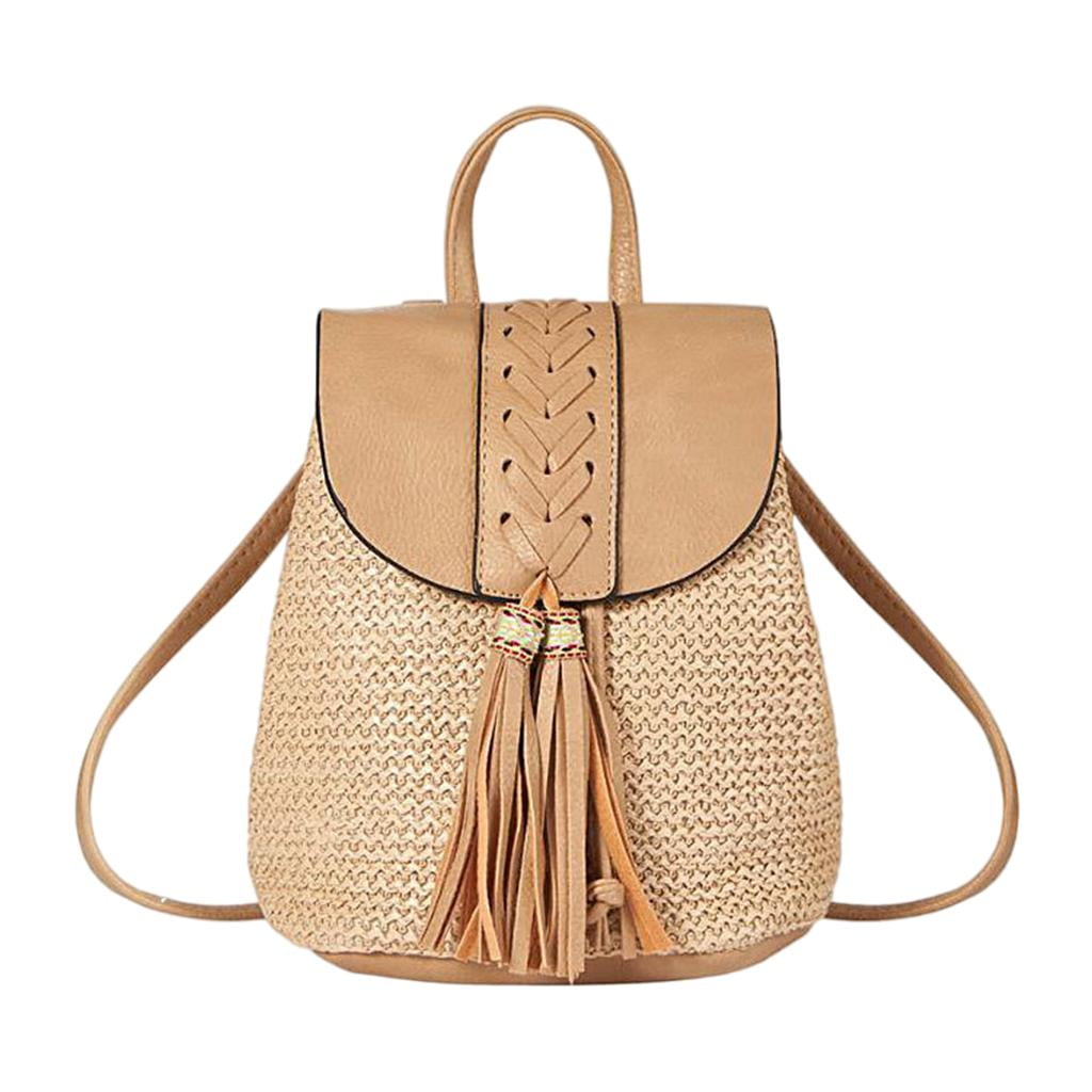 Straw Backpack Flap Drawstring Shoulder Bag Travel Beach Daypack Khaki ...