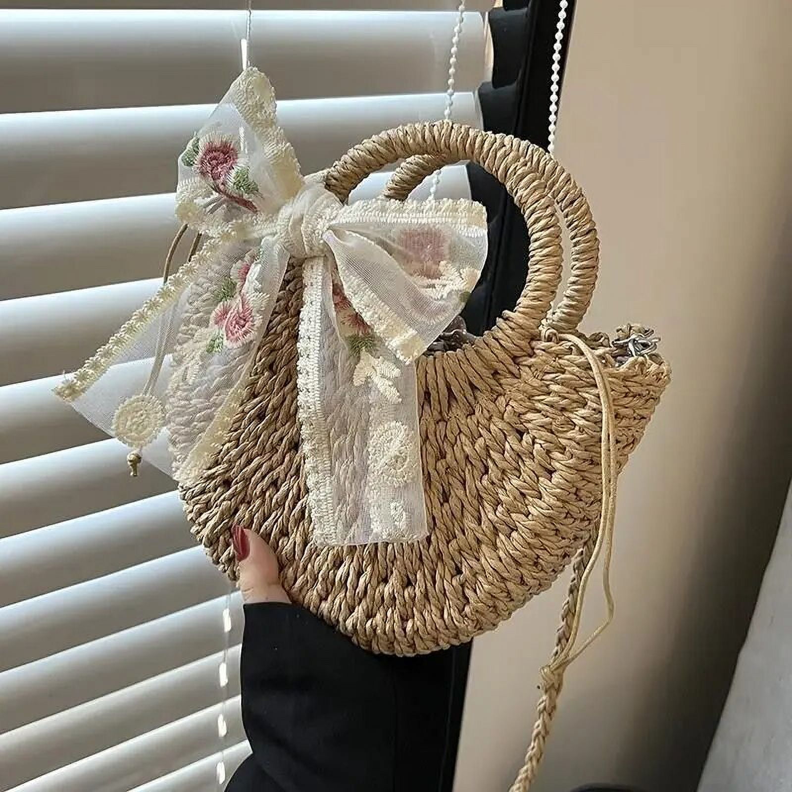 Straw Bag Women Hand-Woven Handbag Moon Shape Lace Bow Rattan Bag Big ...