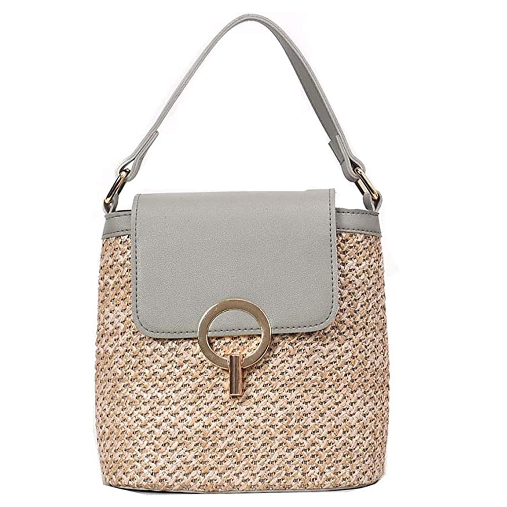 Straw Bags Straw Bucket Bags for Women Shoulder Bags Lady Travel Purses ...
