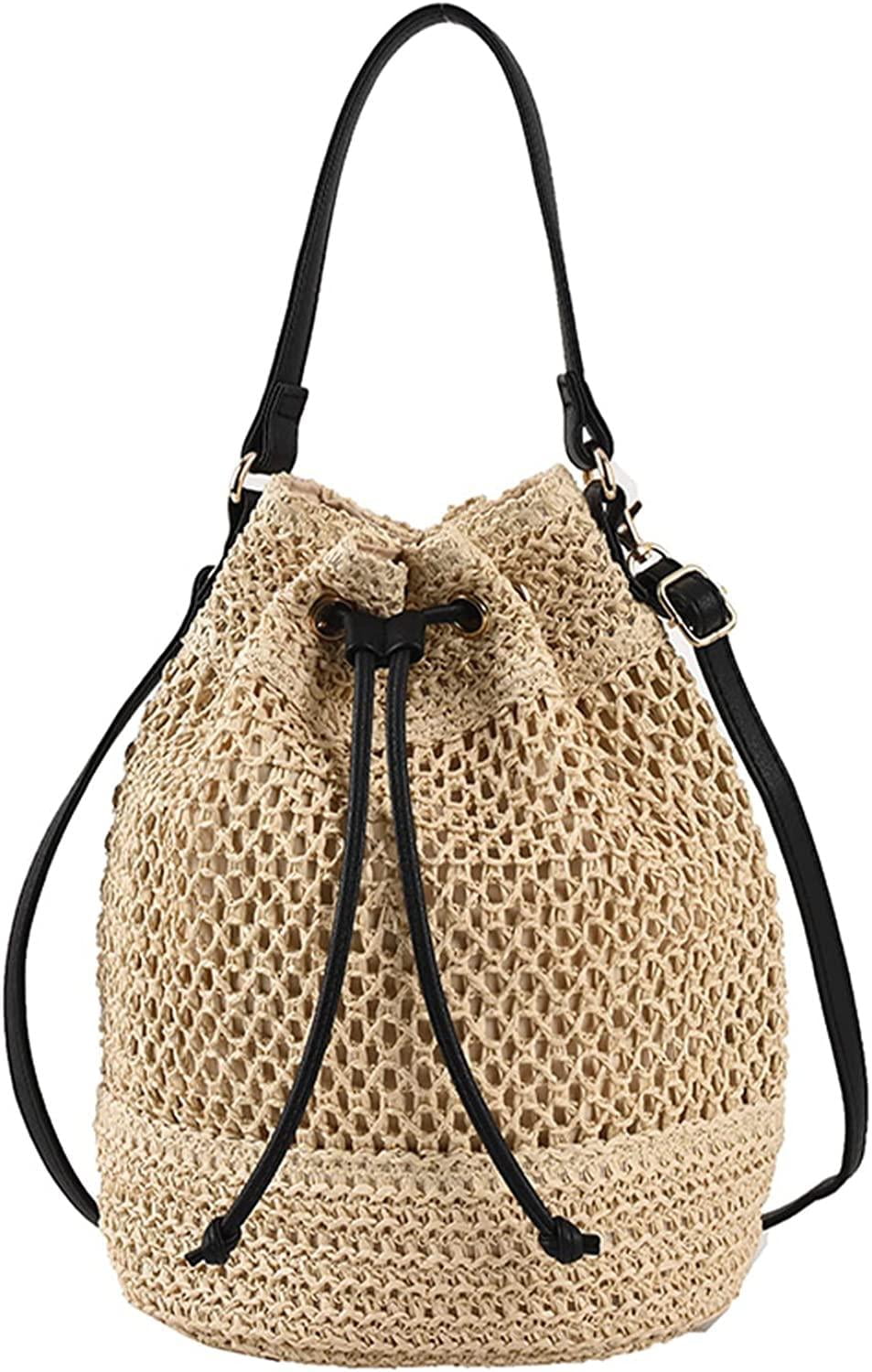 Straw Bucket Bag for Women, Summer Woven Beach Bag Drawstring Hobo ...
