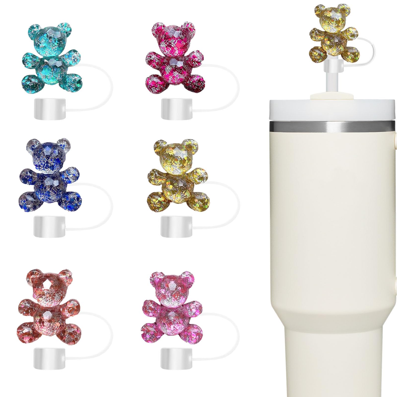 Straw Cover Cap,6PCS Glitter Bear Straw Toppers for Stanley Cup ...