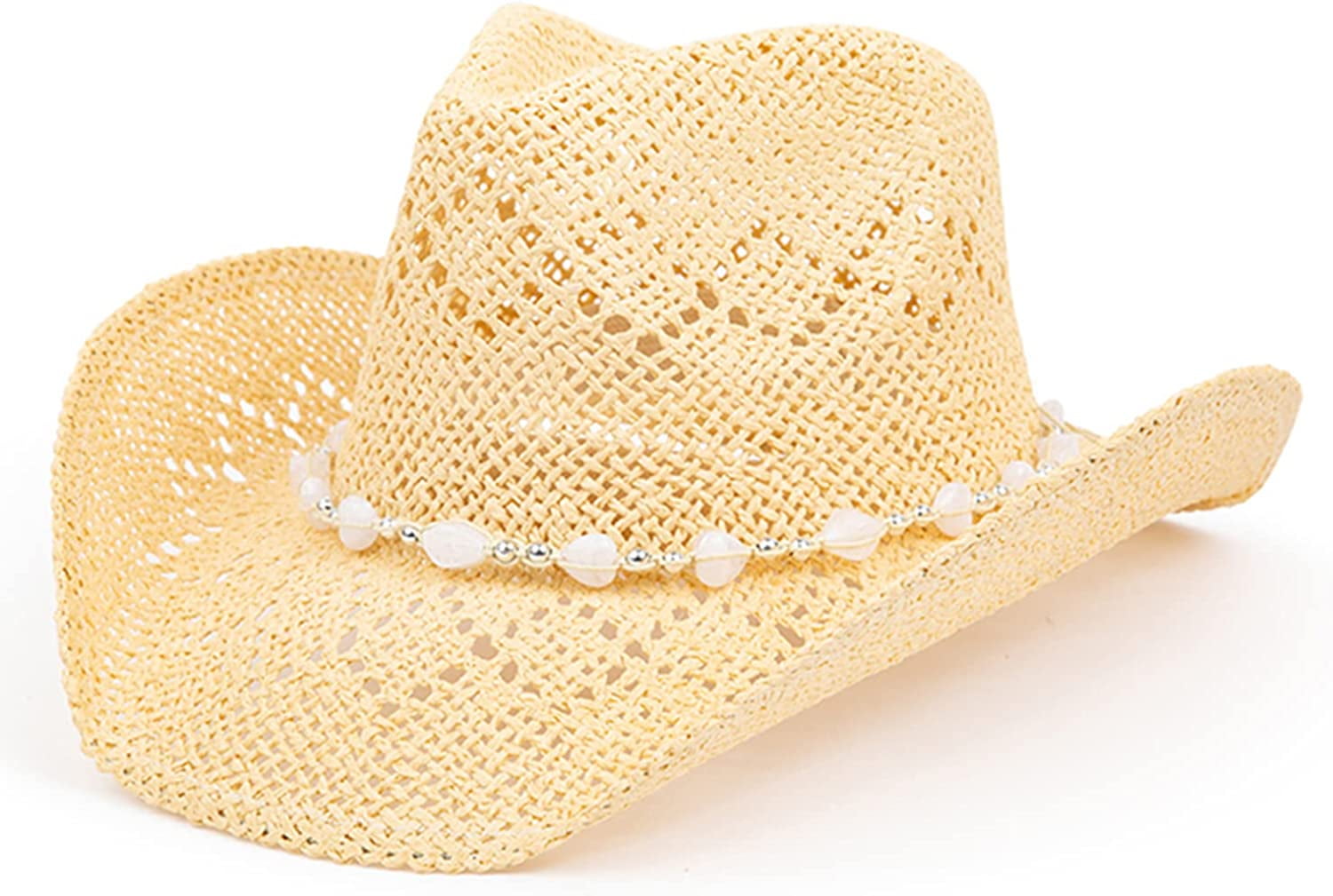 Straw Cowboy Hat for Women with Beaded Trim and Shapeable Brim, BEIGE ...