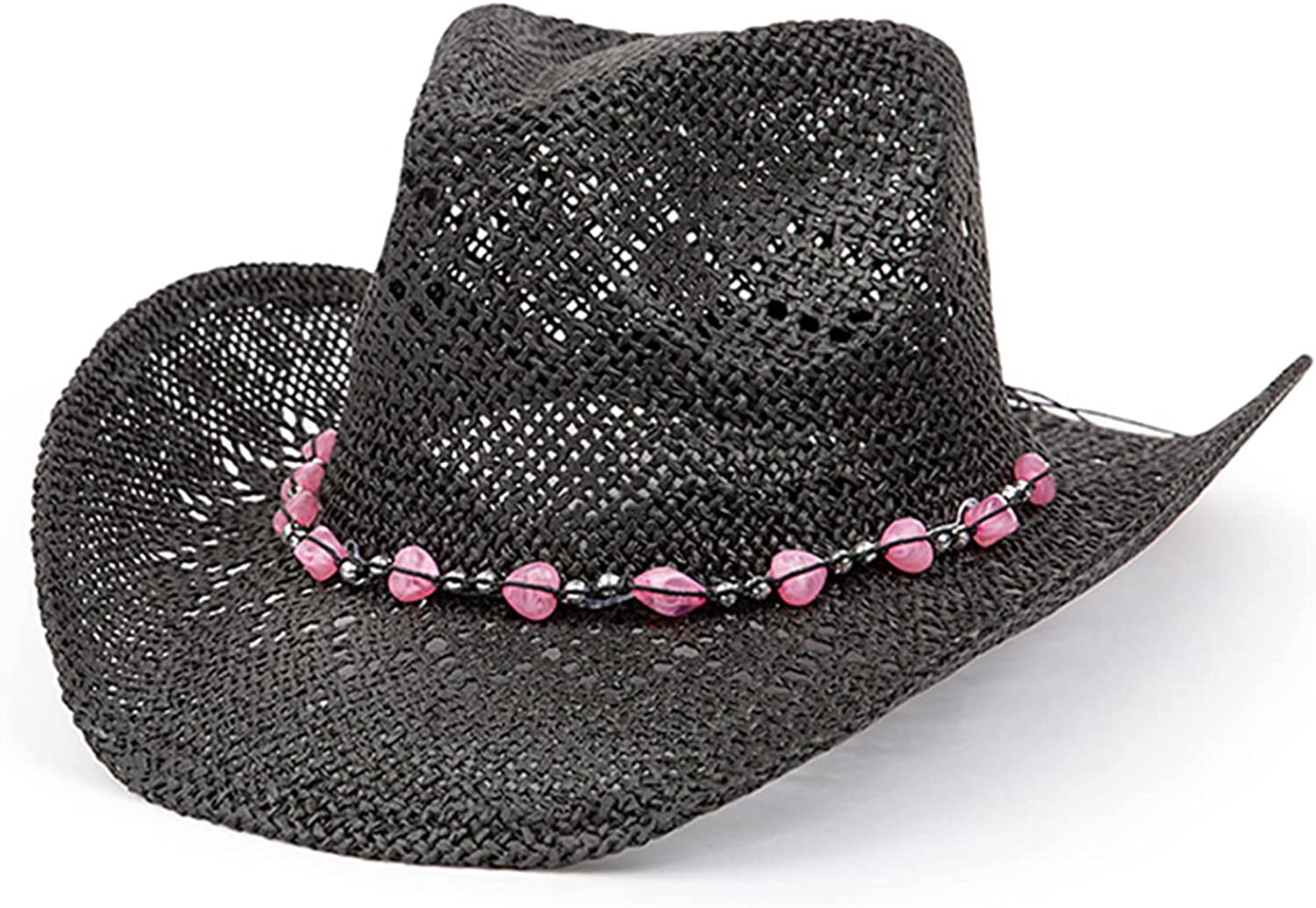 Straw Cowboy Hat for Women with Beaded Trim and Shapeable Brim, BLACK ...
