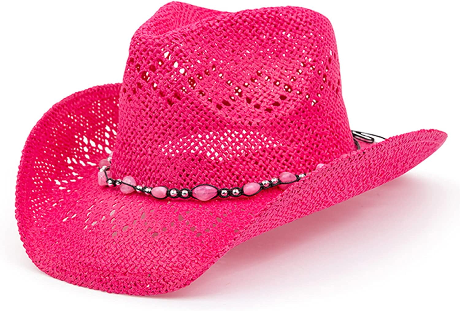 Straw Cowboy Hat for Women with Beaded Trim and Shapeable Brim, FUCHSIA ...