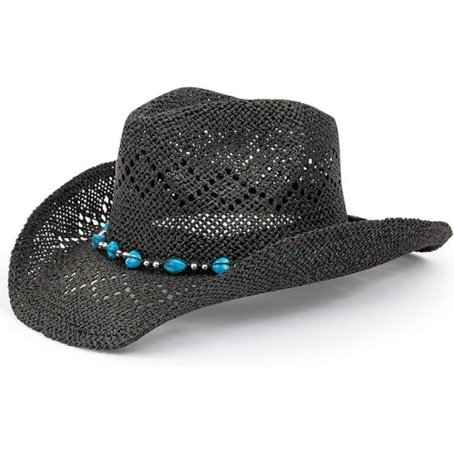 Straw Cowboy Hat for Women with Shapeable Brim, Beaded Hearts Trim ...