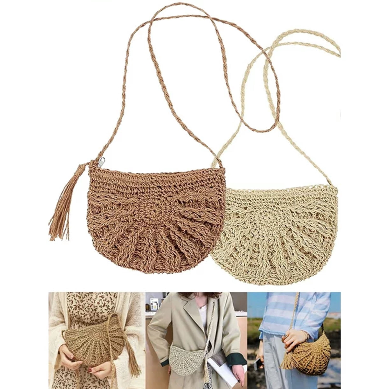 Straw Crossbody Bag for Women，Handmade Woven Rope Tassel Straw Bag ...