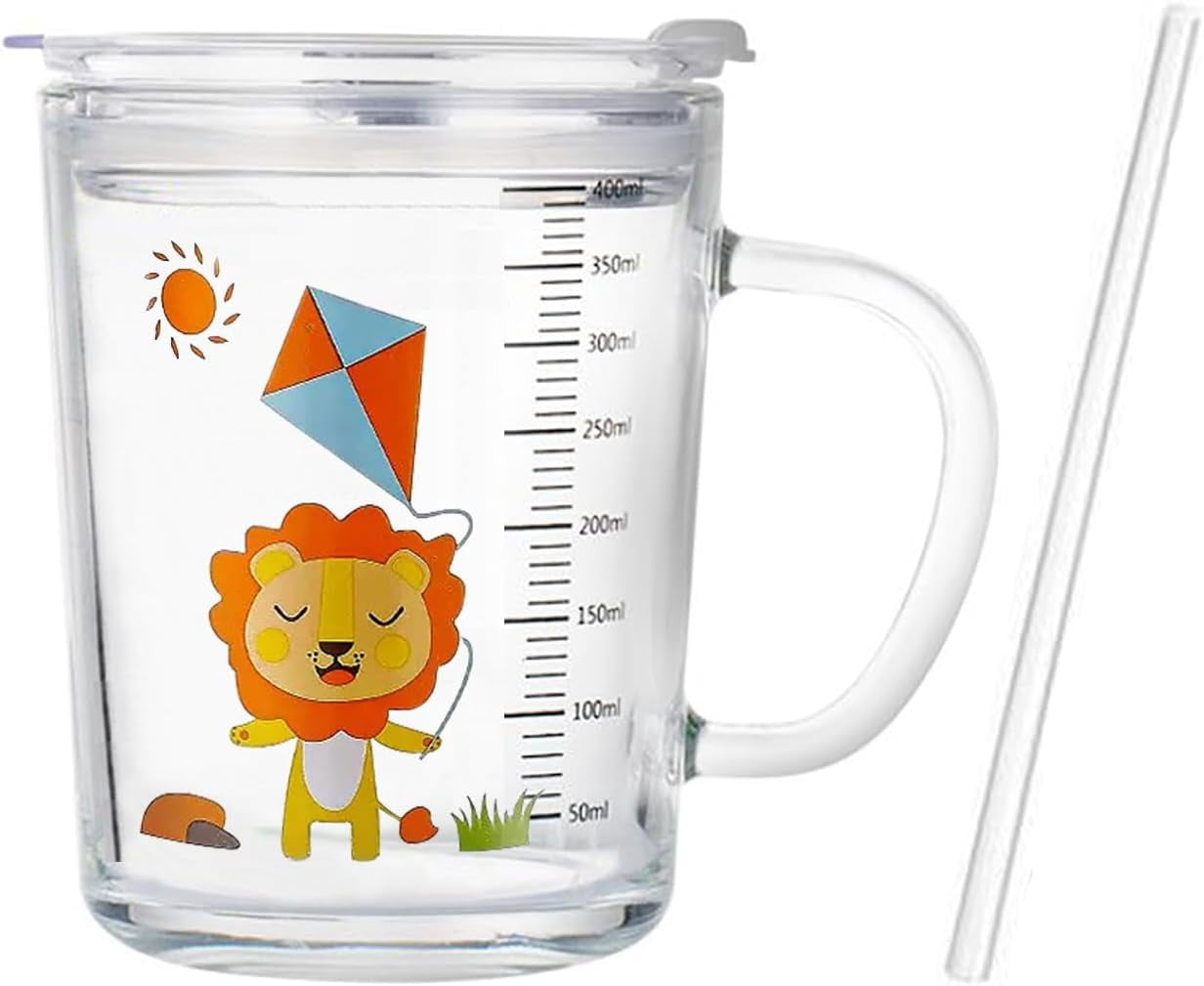 Straw Cup with Lid and Handle,13oz Cute Glass Tumbler with Scale for ...