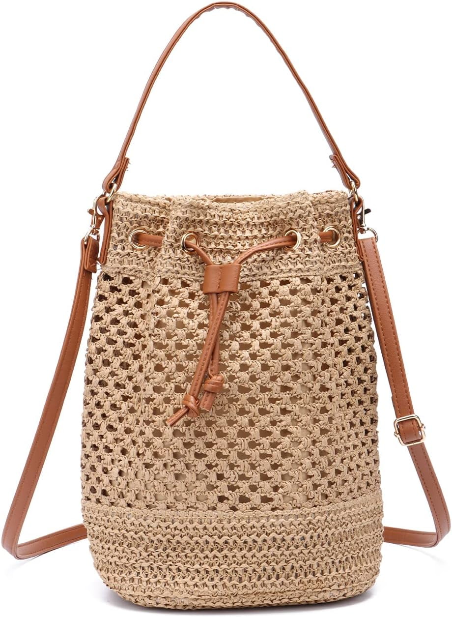 Straw Drawstring Shoulder Bag Women Summer Woven Beach Vacation Handbag ...