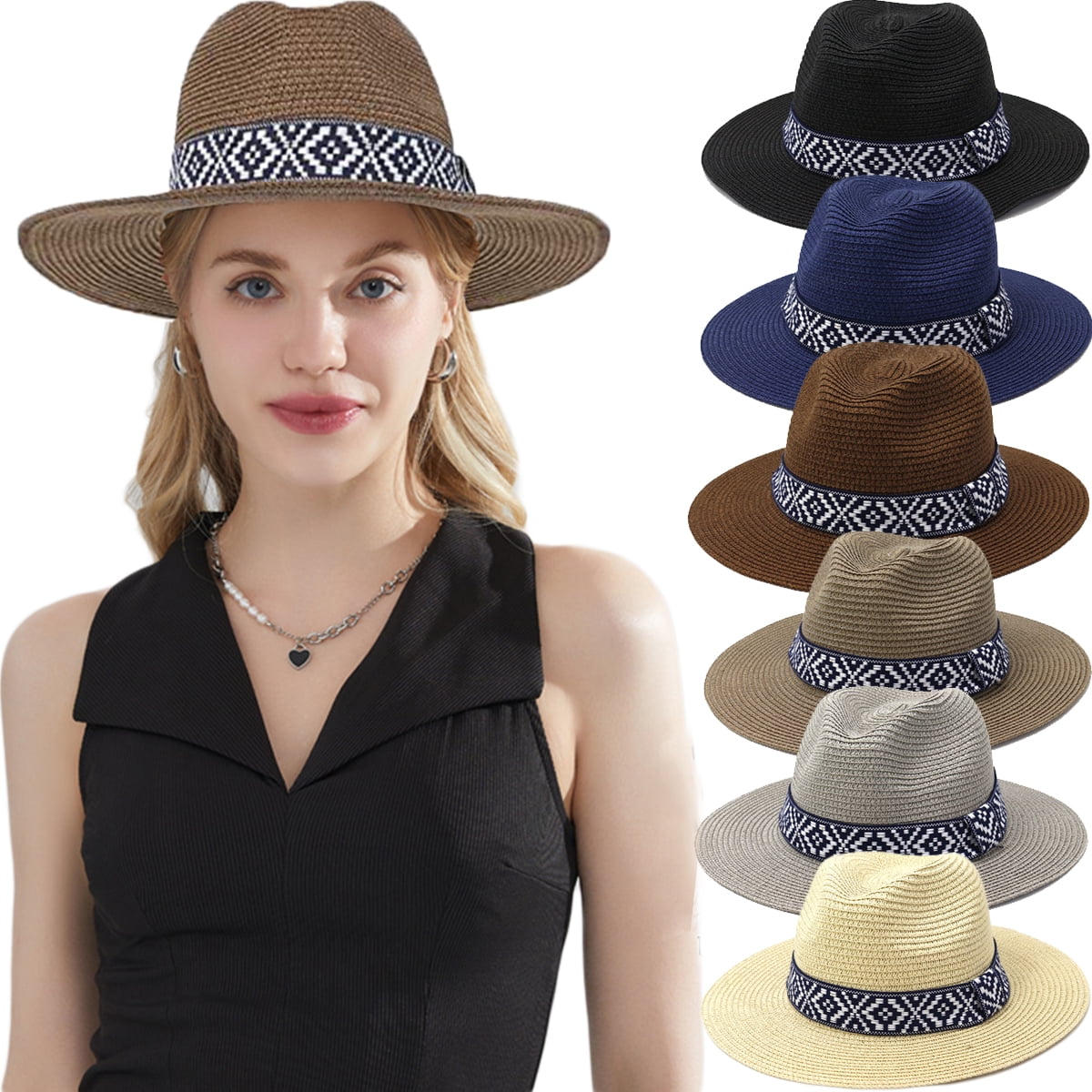 Straw Hat Women Men Cowboy Hat Beach Floppy Sun Hat Brim Summer Sunhat ...